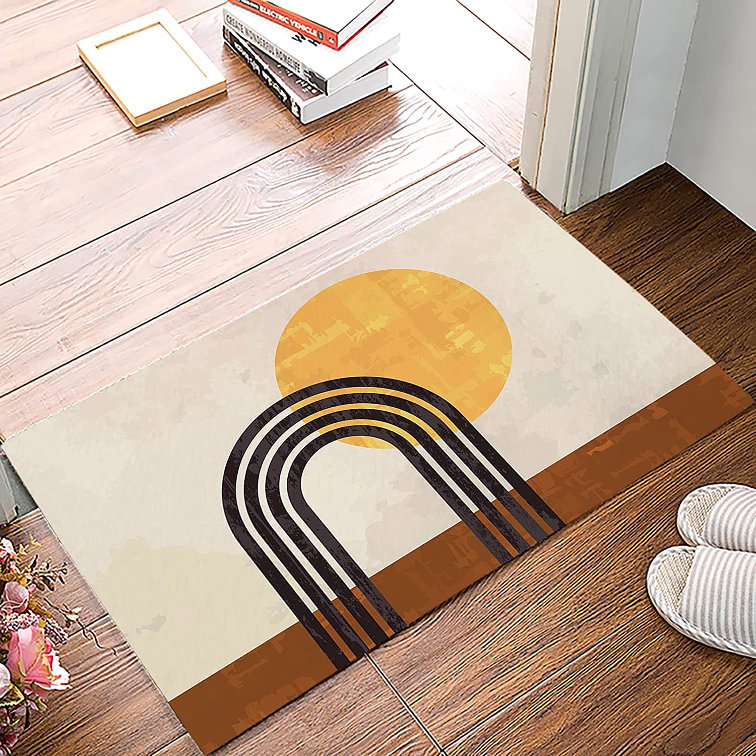 Abstract Art Sun Rainbow Lines Retro Mid Century Style Indoor Doormat ...