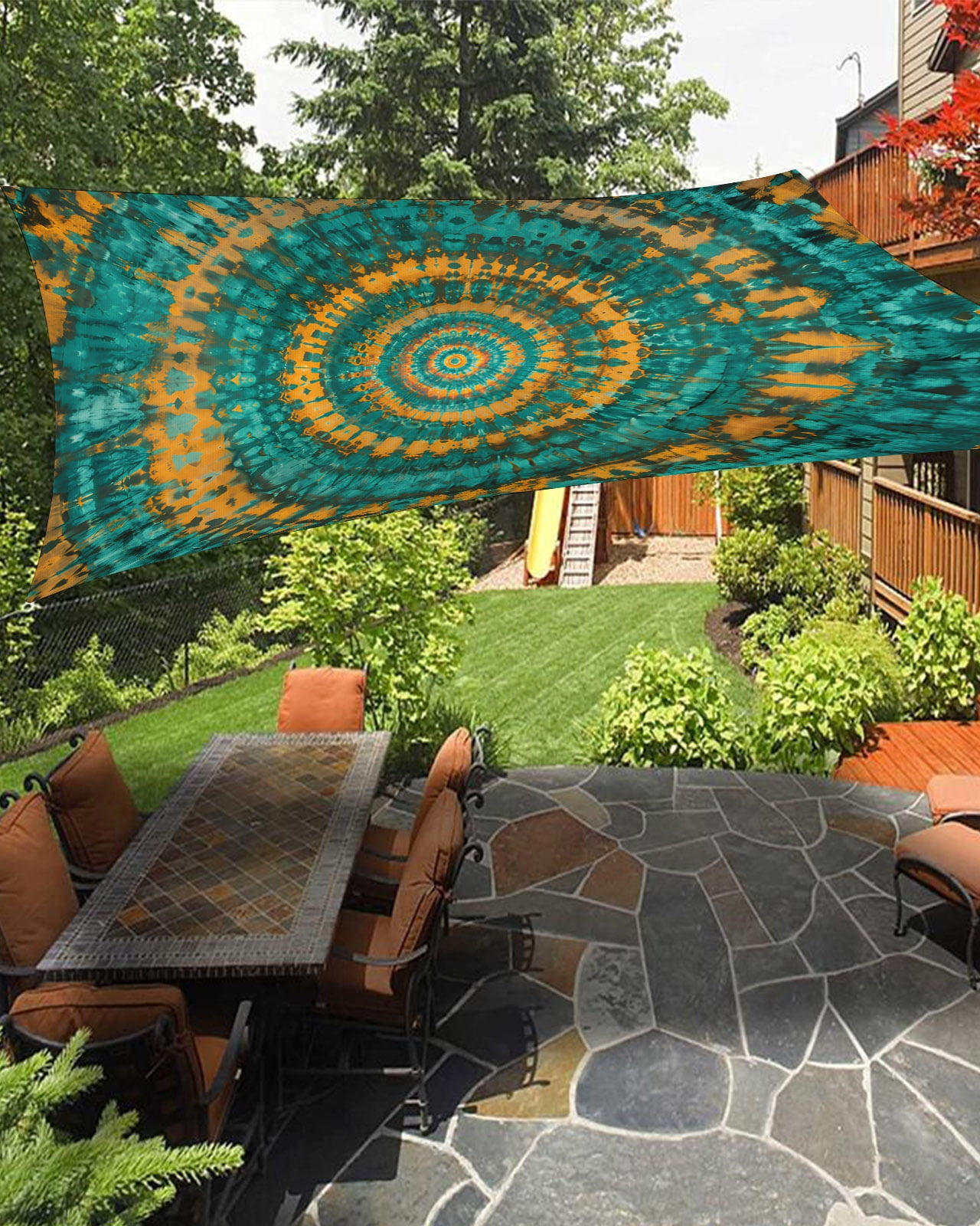 Abstract Art Sun Shade Sail 12'X16' Teal Yellow Tie-Dye Art Ethnic ...