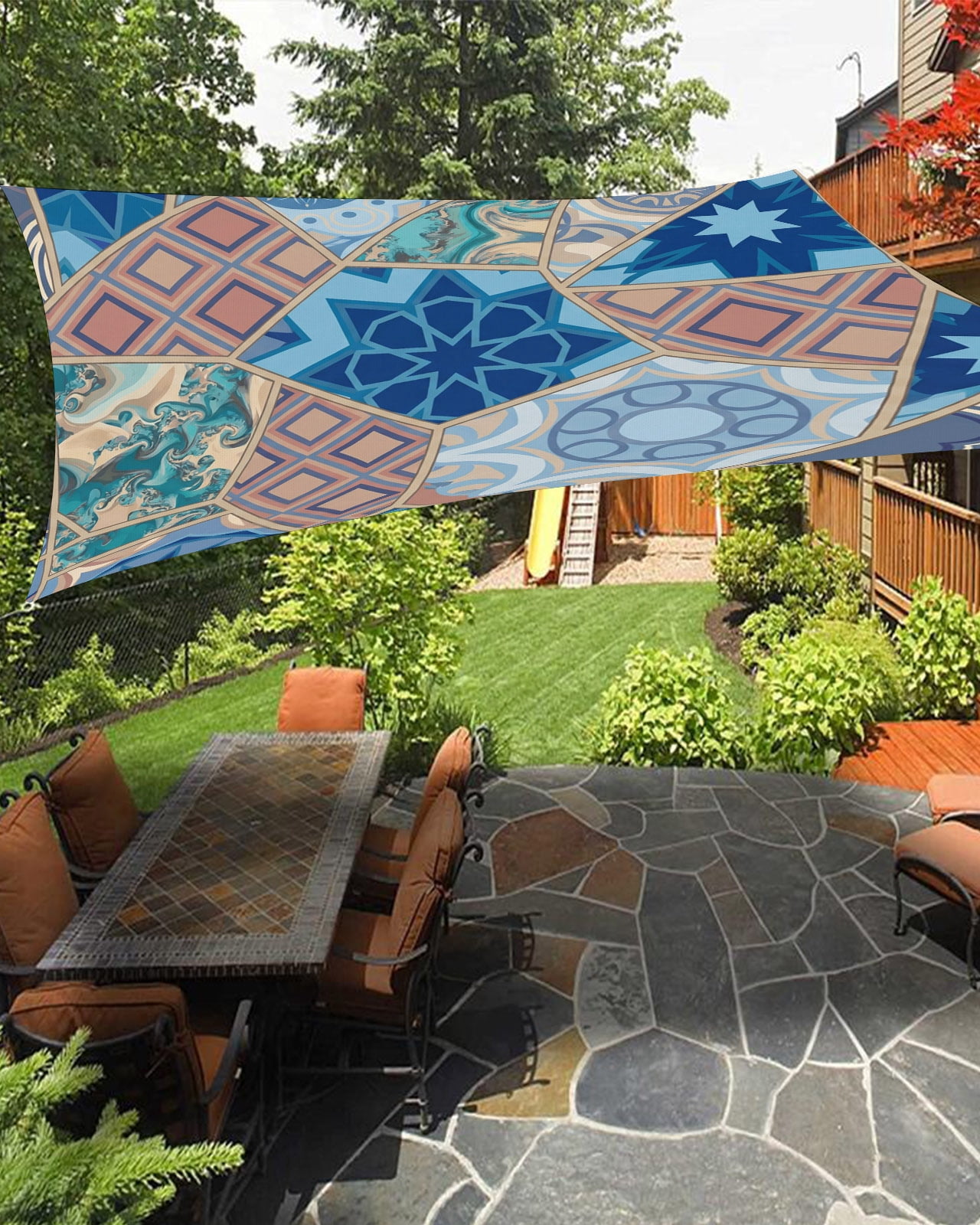Abstract Art Sun Shade Sail 14'X18' Orange Blue Geometric Flower Line ...
