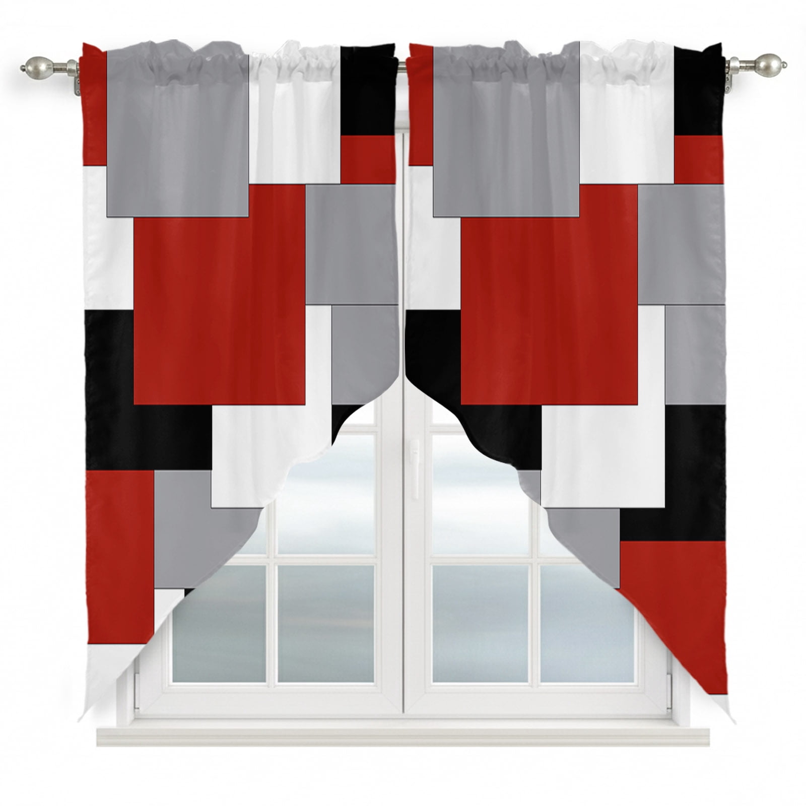 Abstract Art Swag Curtain Valance for Window 2 Panels Patchwork Red ...