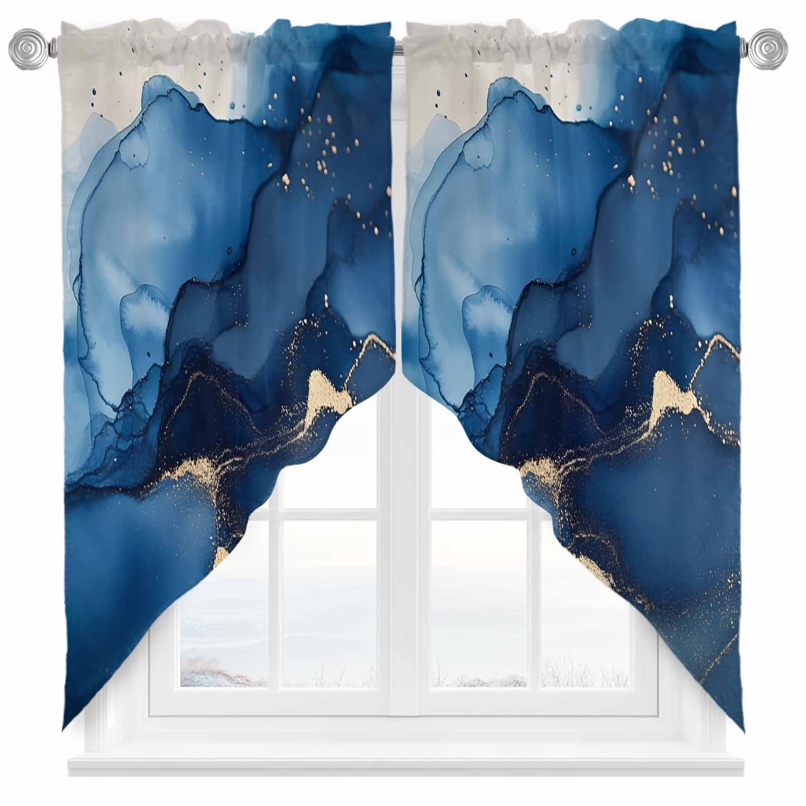 Abstract Art Swag Curtain Valance for Windows, Blue Marble Gold Cracks ...