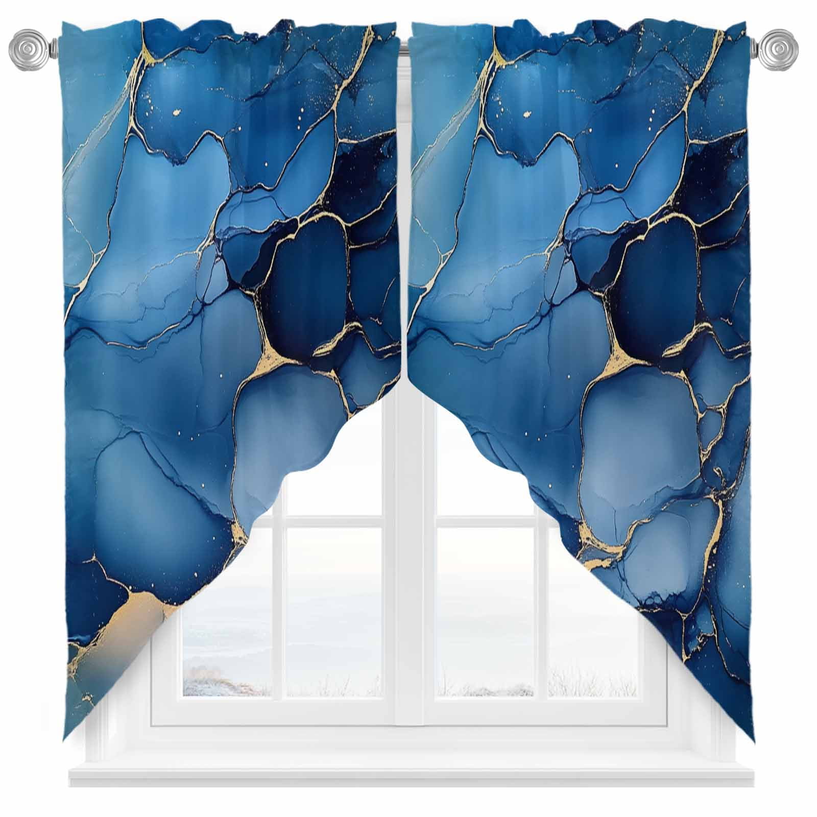 Abstract Art Swag Curtain Valance for Windows, Marble Blue Gold Stone ...