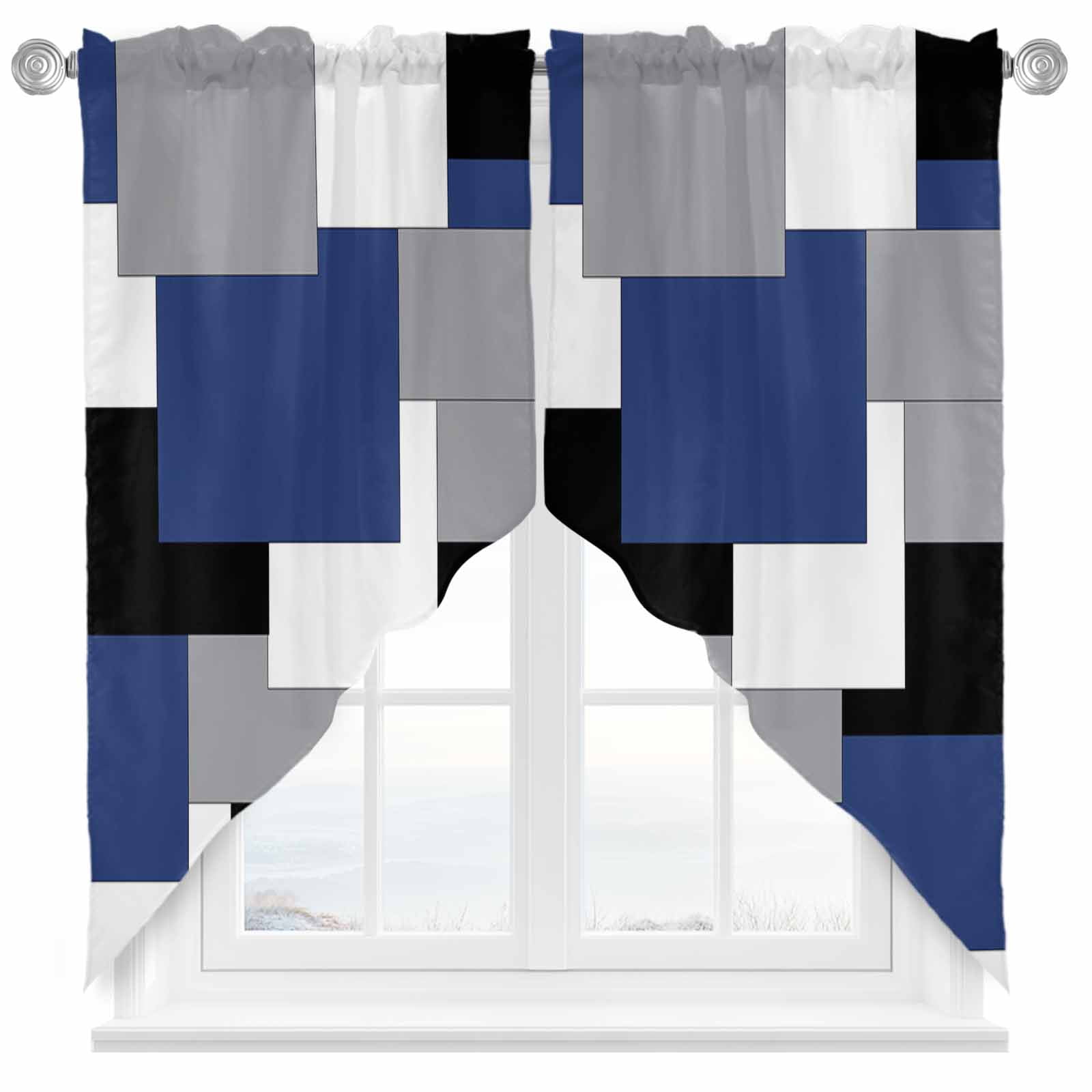 Abstract Art Swag Curtain Valance for Windows, Patchwork Black and Navy ...