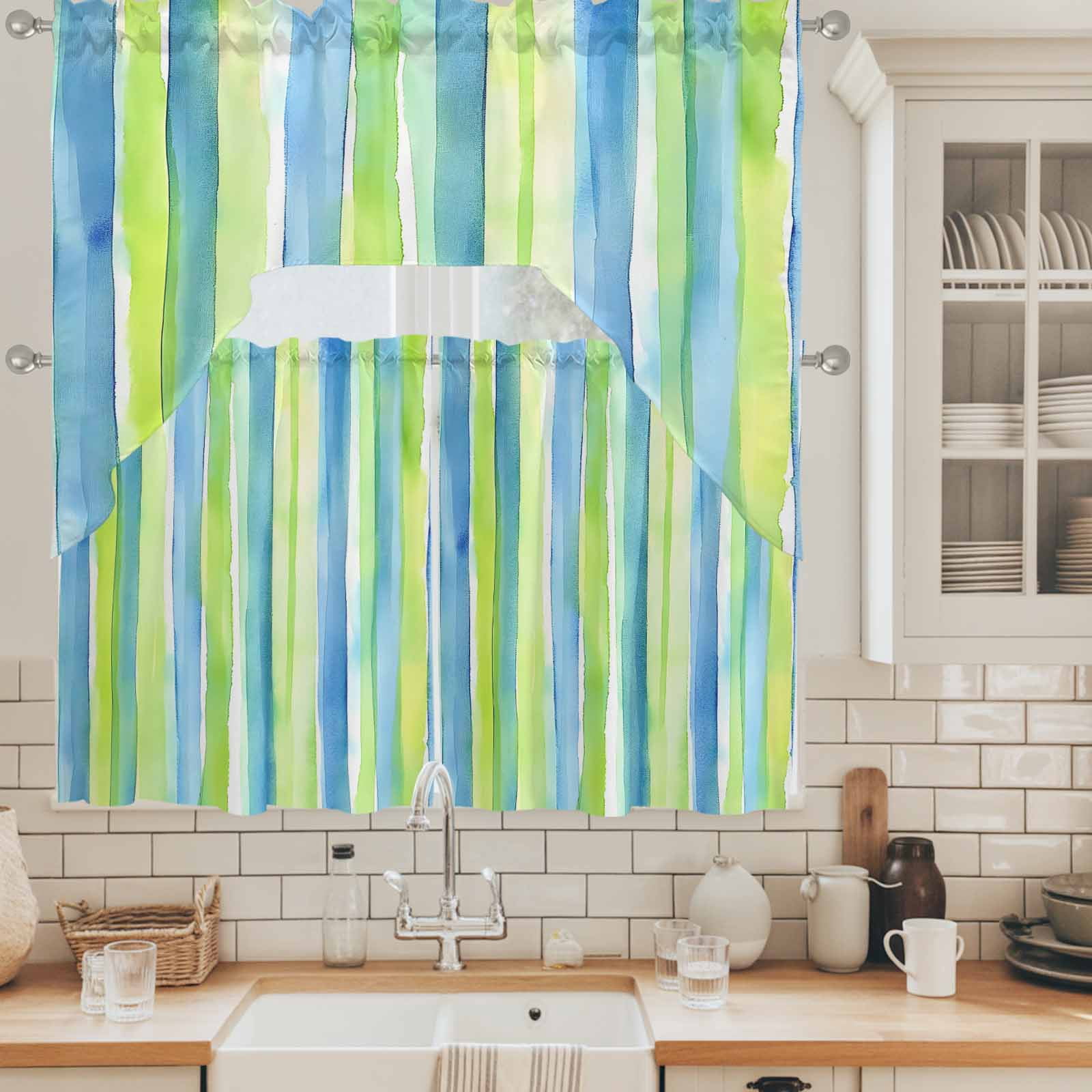 Abstract Art Swag Curtains Valance and Tier Set, Blue Green Line ...