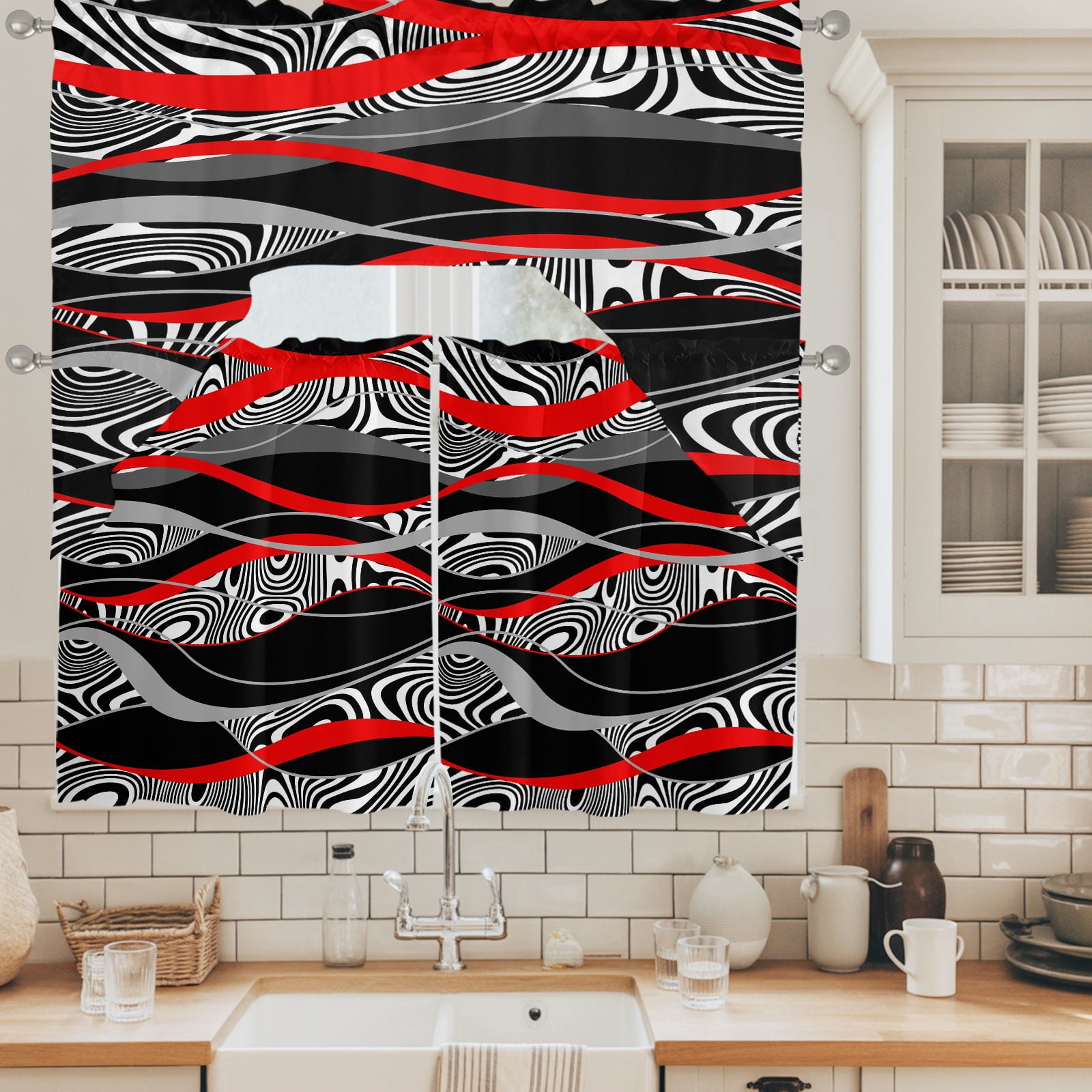 Abstract Art Swag Curtains Valance and Tier Set, Red Black Gray Lines ...