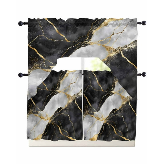 Abstract Art Swag Valance and Tier Curtains Set Gold Black Water Ripple ...