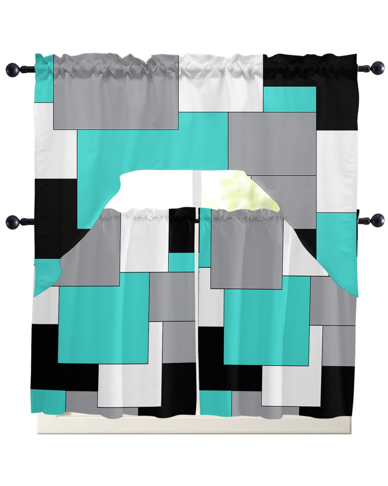 Abstract Art Swag Valance and Tier Curtains Set Patchwork Black ...