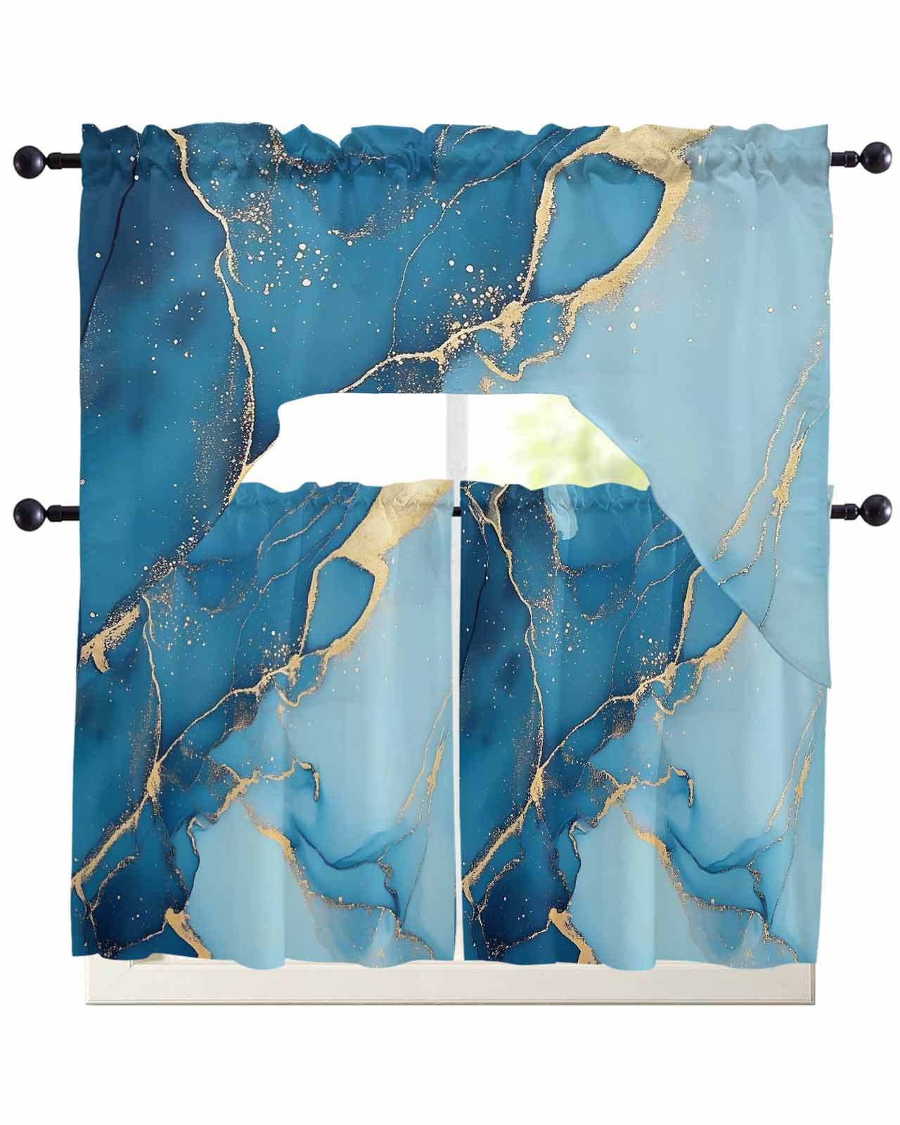 Abstract Art Swag Valance and Tier Curtains Set Teal Blue Marble Stone ...