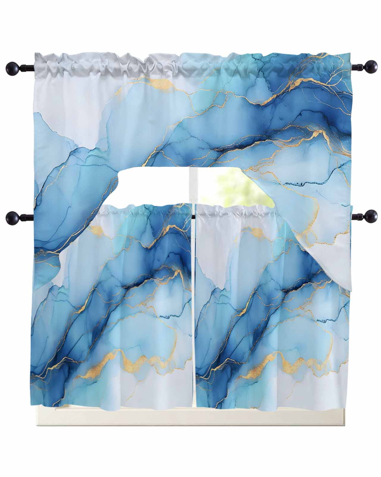 Abstract Art Swag Valance and Tier Curtains Set Teal Gold Gradient ...