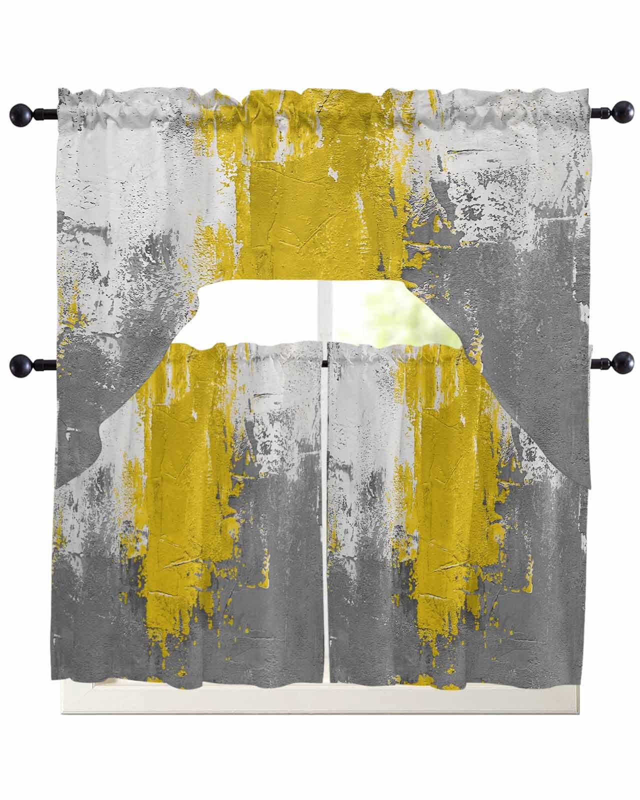 Abstract Art Swag Valance for Window, 3 Piece Yellow Grey Wall Mottled ...