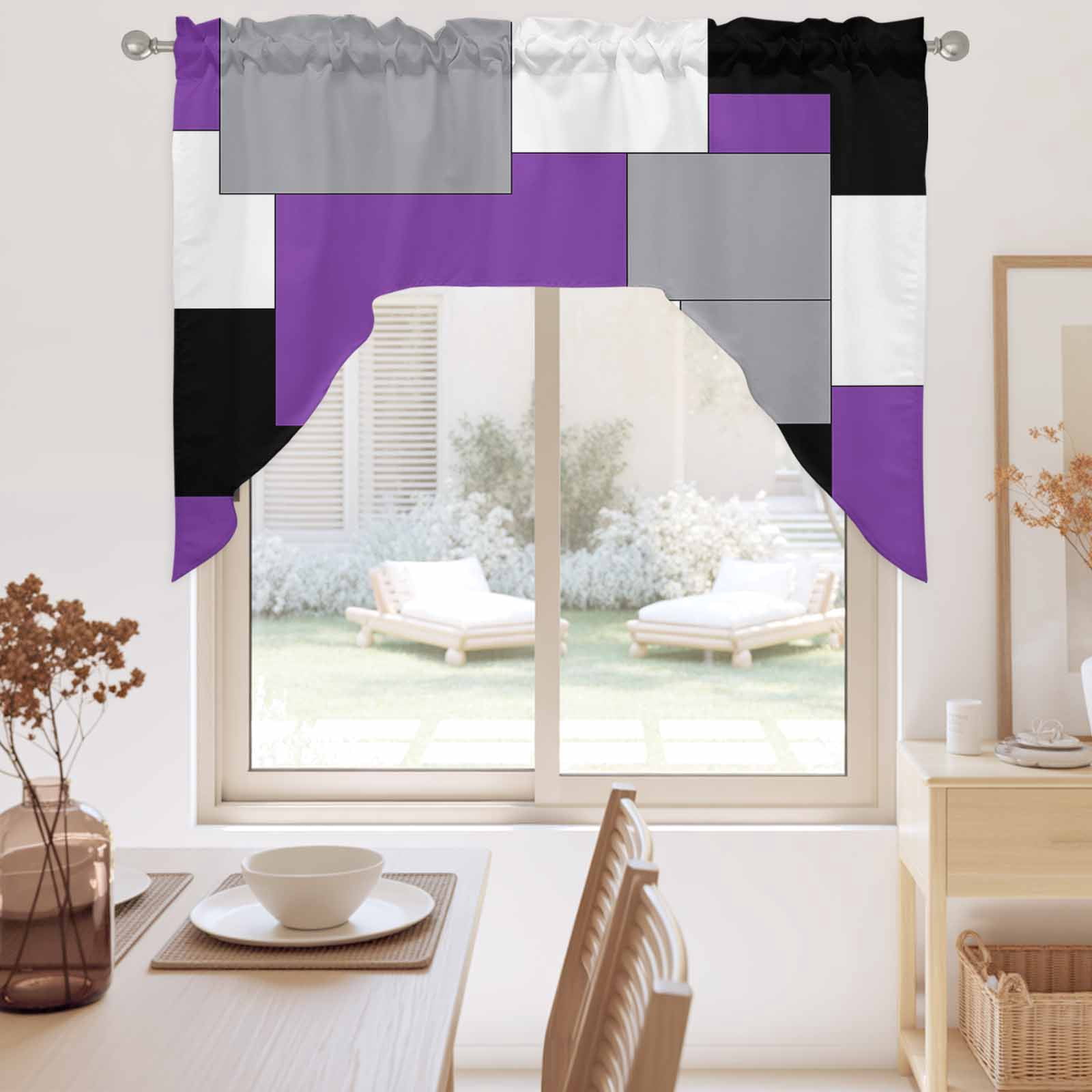 Abstract Art Swag Valance for Windows, Patchwork Purple Black and Grey ...