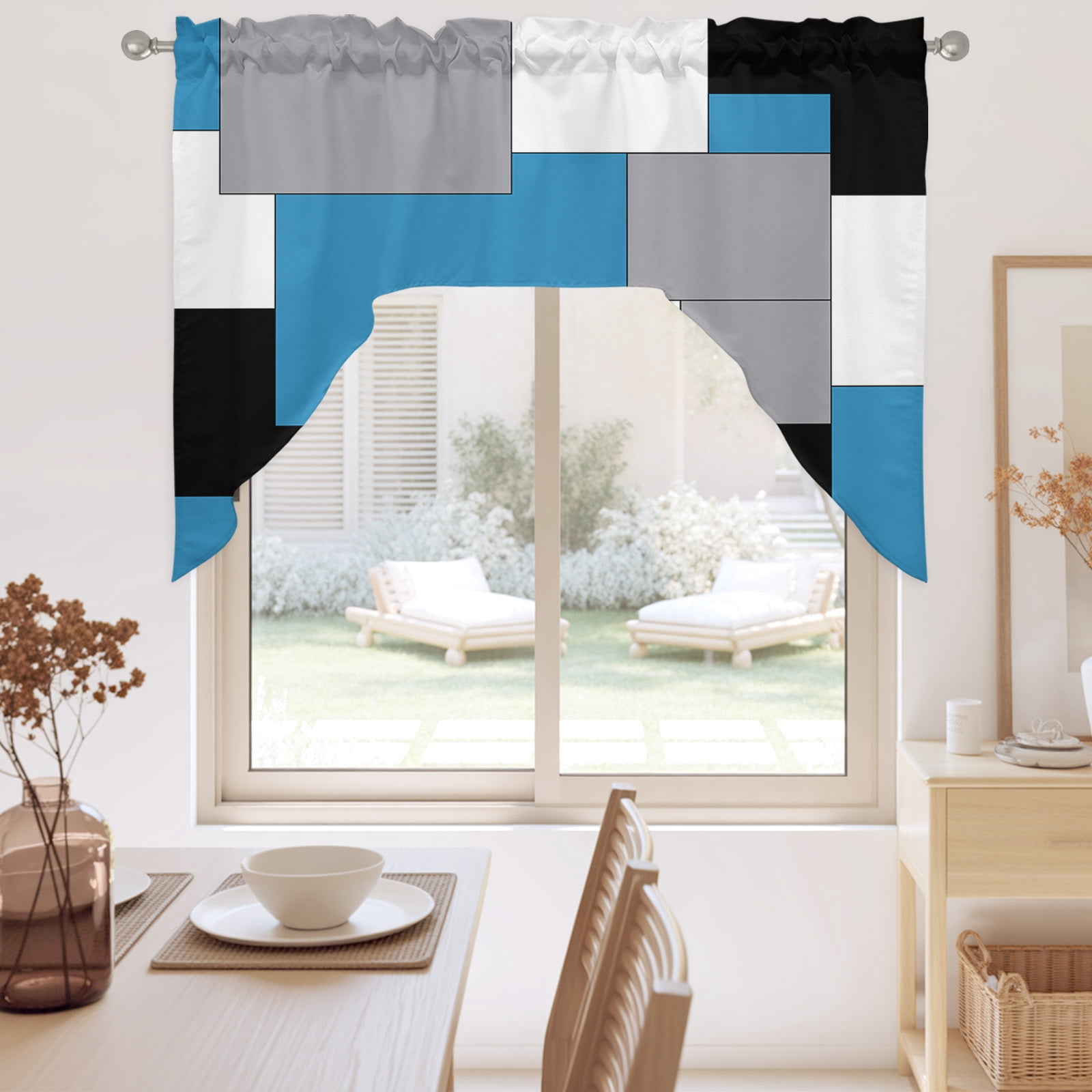 Abstract Art Swag Valance for Windows, Patchwork Purple Blue and Grey ...