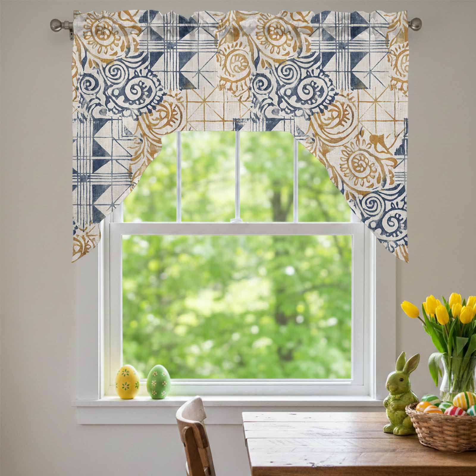 Abstract Art Swag Valances for Kitchen Window, Vintage Khaki Navy Blue ...