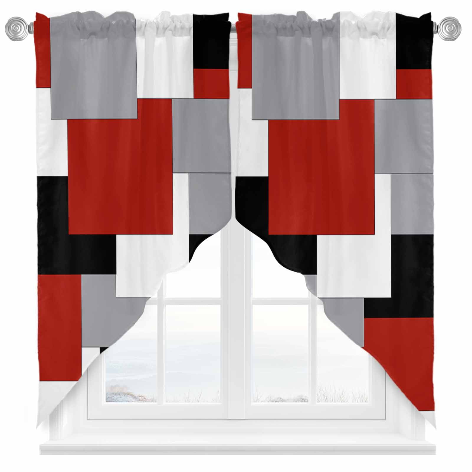 Abstract Art Swag Valances for Windows 2 Pack Patchwork Red Black and Grey Swag Kitchen Curtains ...