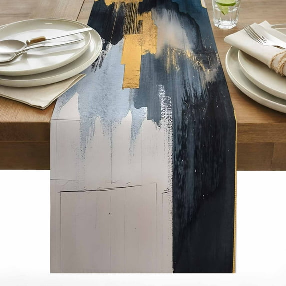 Abstract Art Table Runner 13x108 inch Blue Gold Oil Painting Texture ...