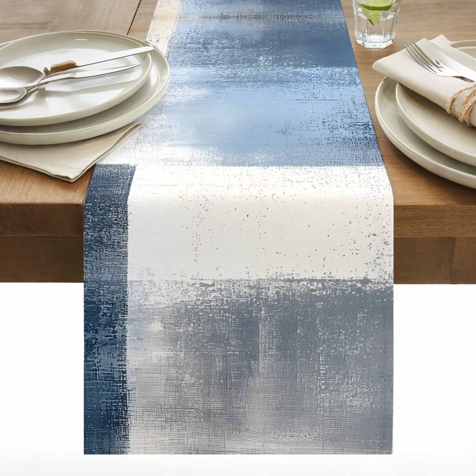 Abstract Art Table Runner 13x108 inch Color Block Gary Blue Collage Oil ...