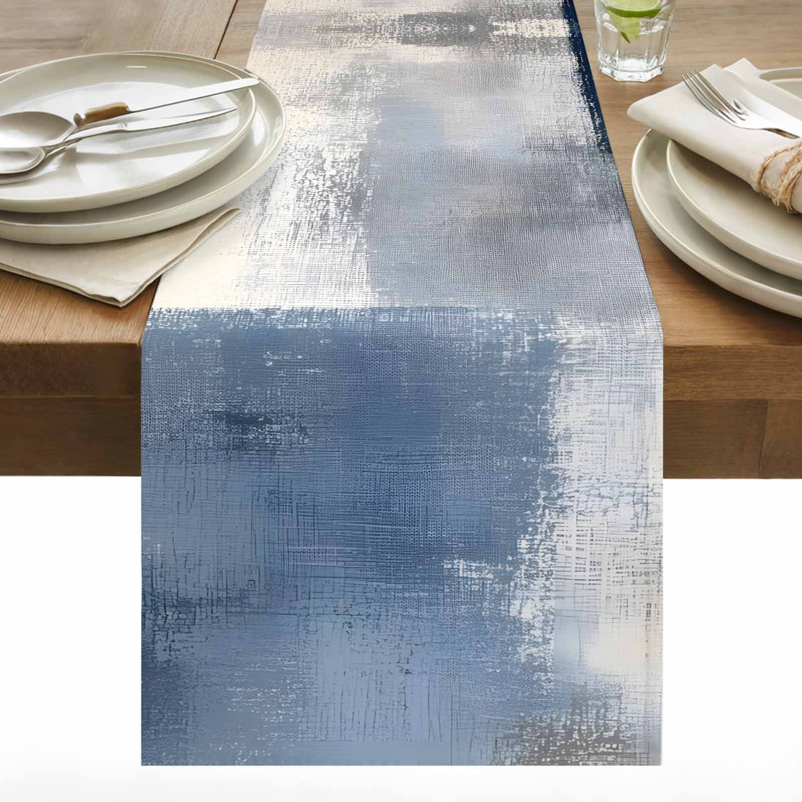 Abstract Art Table Runner 13x108 inch Gary Blue Color Block Collage Oil ...