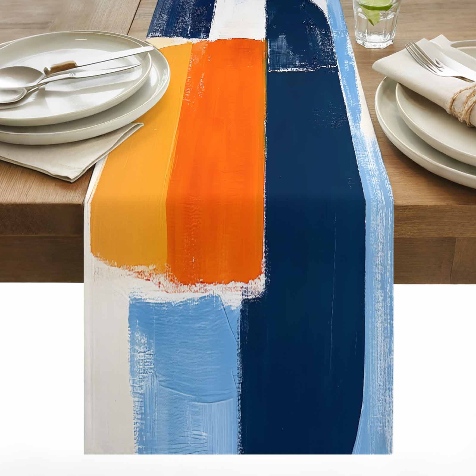 Abstract Art Table Runner 13x108 inch Orange Blue Graffiti Cotton Linen ...