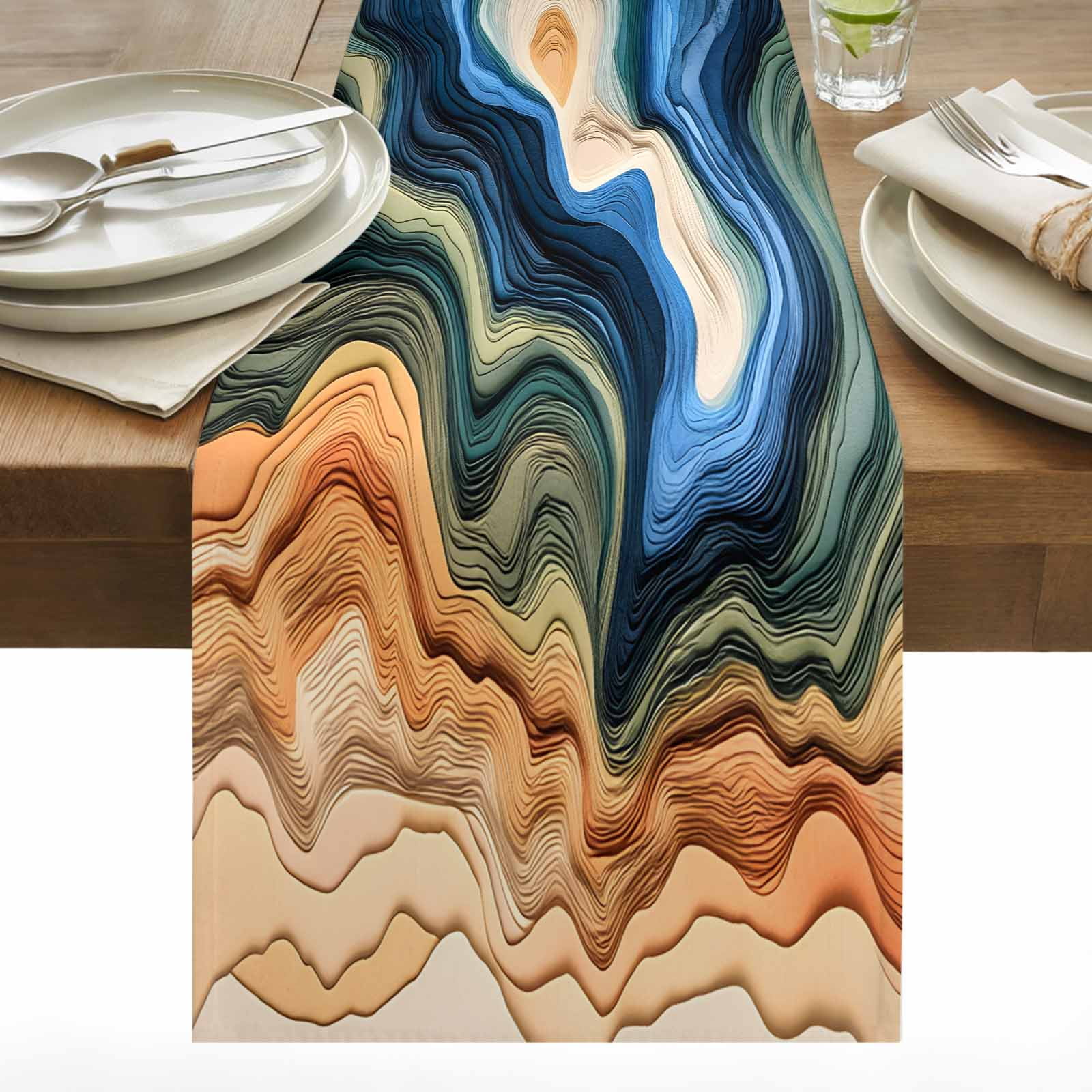 Abstract Art Table Runner 13x108 inch Orange Green Blue Texture ...