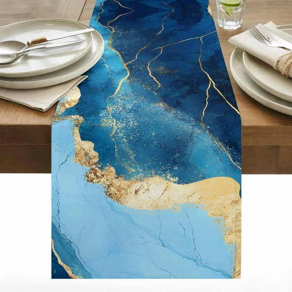 Abstract Art Table Runner 13x108 inch Water Ripple Gold Blue Gradient ...