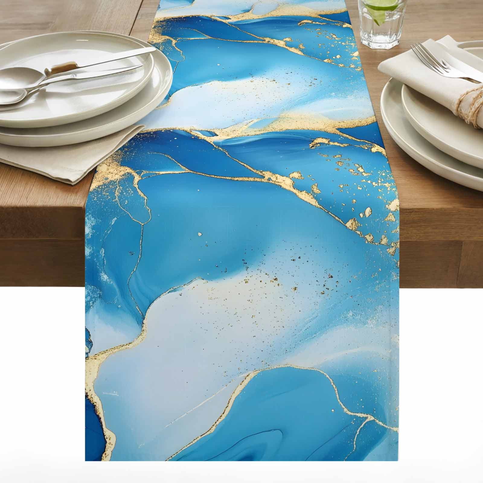 Abstract Art Table Runner 13x36 inch Blue Ombre Marble Stone Gold ...