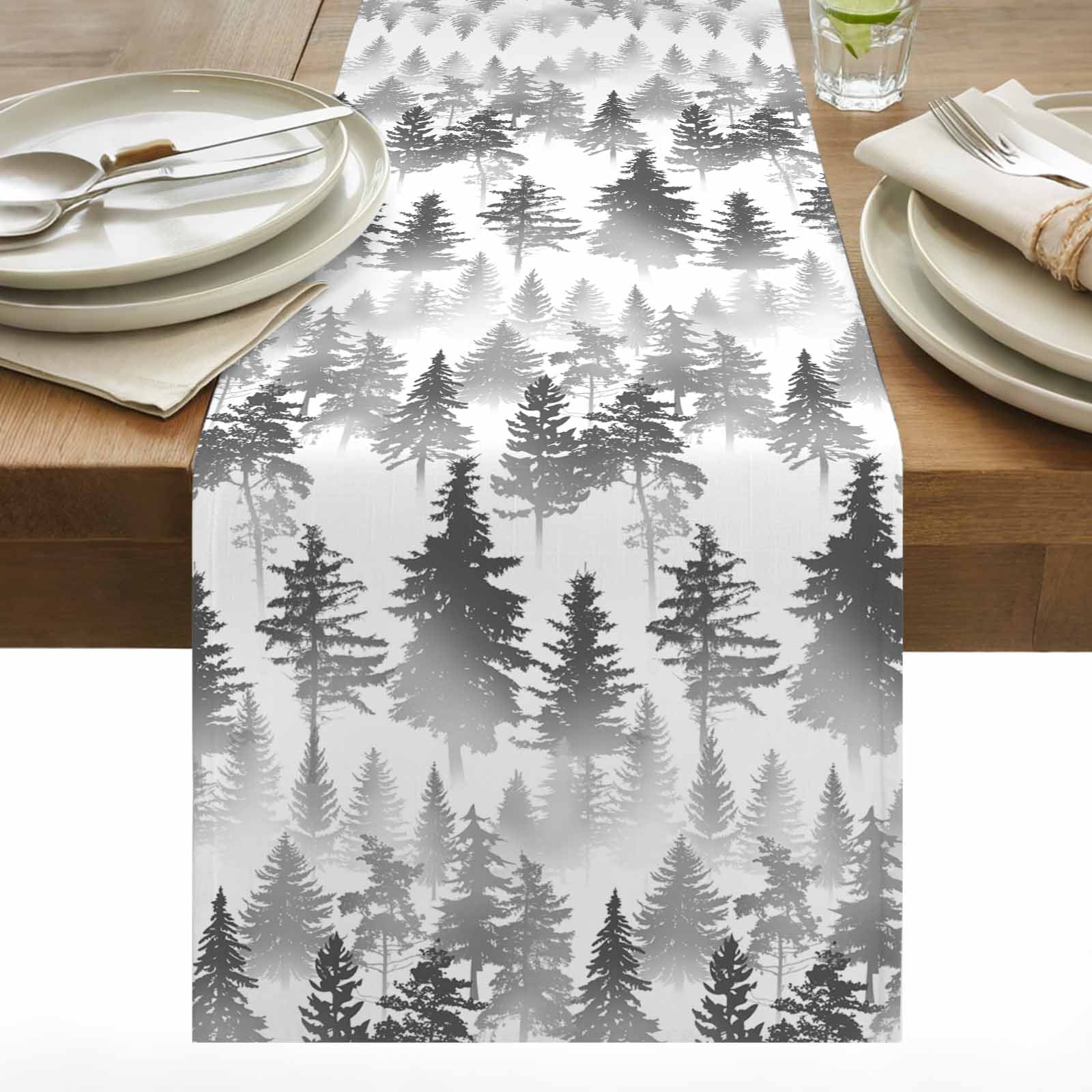 Abstract Art Table Runner 13x48 inch Silhouette Gray Forest Cotton ...
