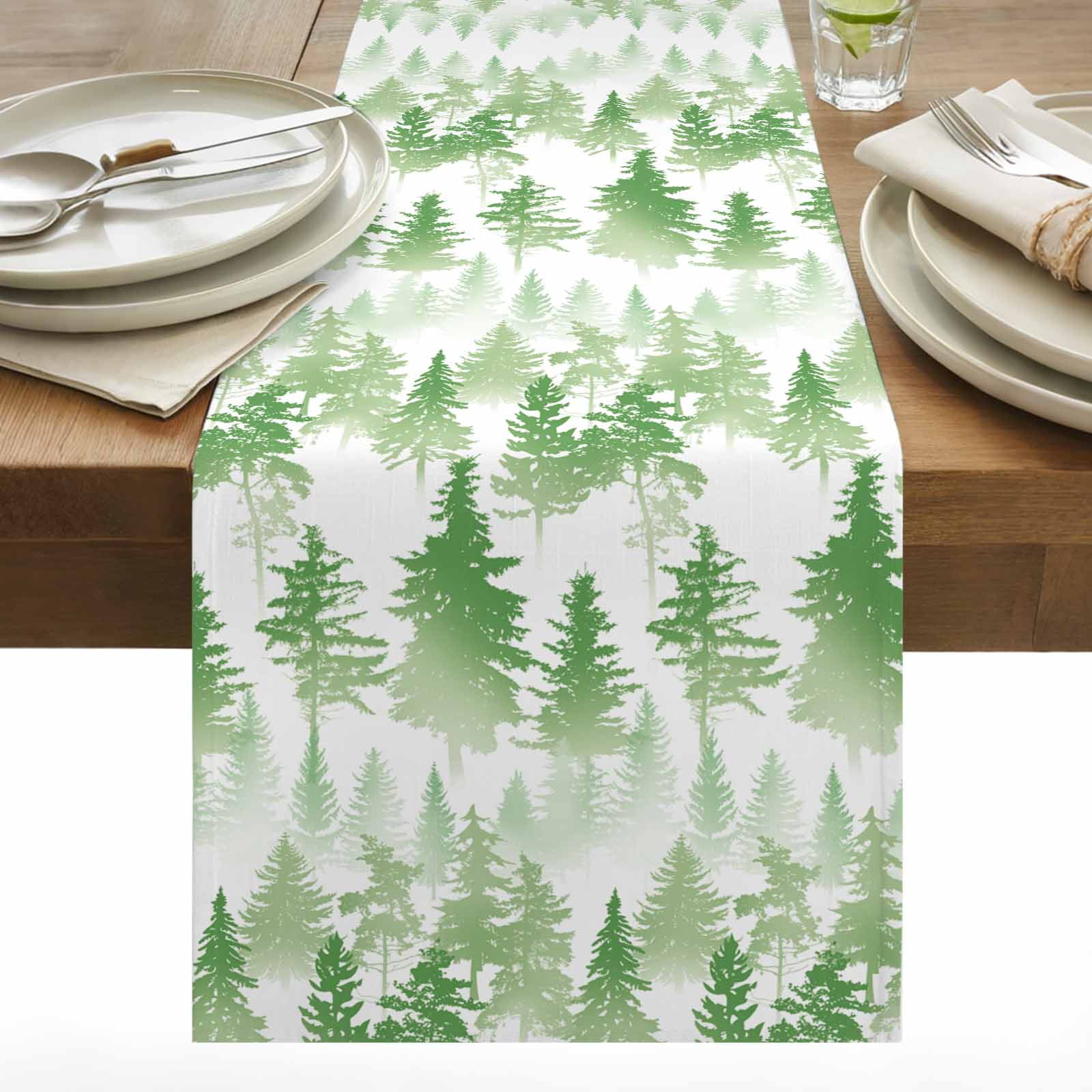 Abstract Art Table Runner 13x48 inch Silhouette Green Forest Cotton ...
