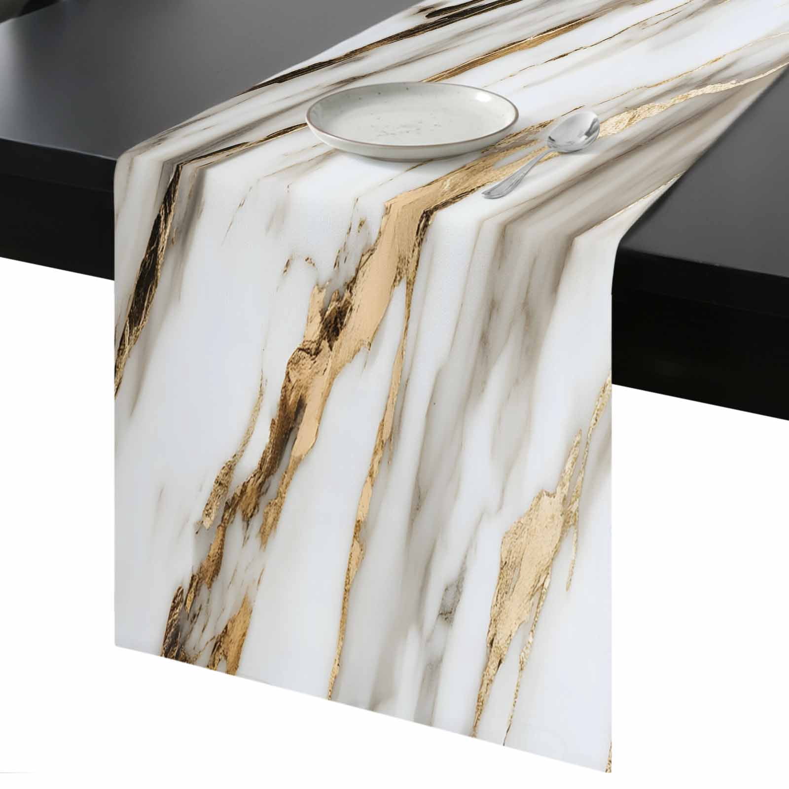 Abstract Art Table Runner 13x60 Inch Marble Texture White Gold Crack ...