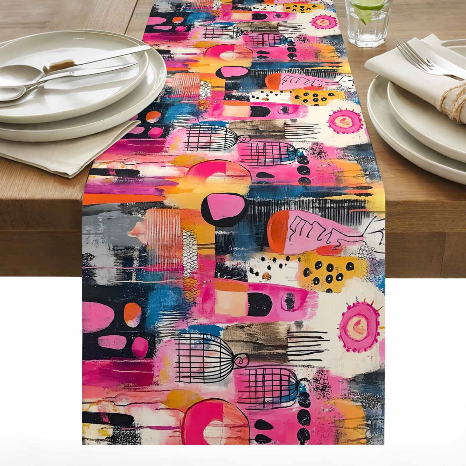 Abstract Art Table Runner 13x60 inch Black Pink Line Color Block ...