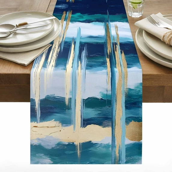 Abstract Art Table Runner 13x60 inch Blue Gold White Ripple Cotton ...
