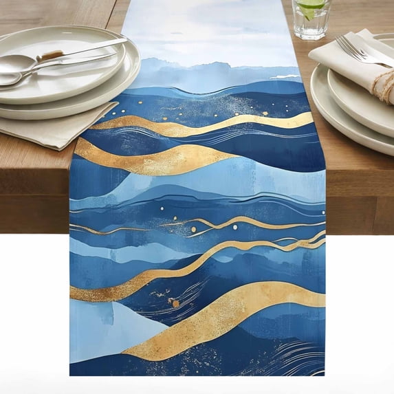 Abstract Art Table Runner 13x60 inch Blue Wave Effects with Golden ...
