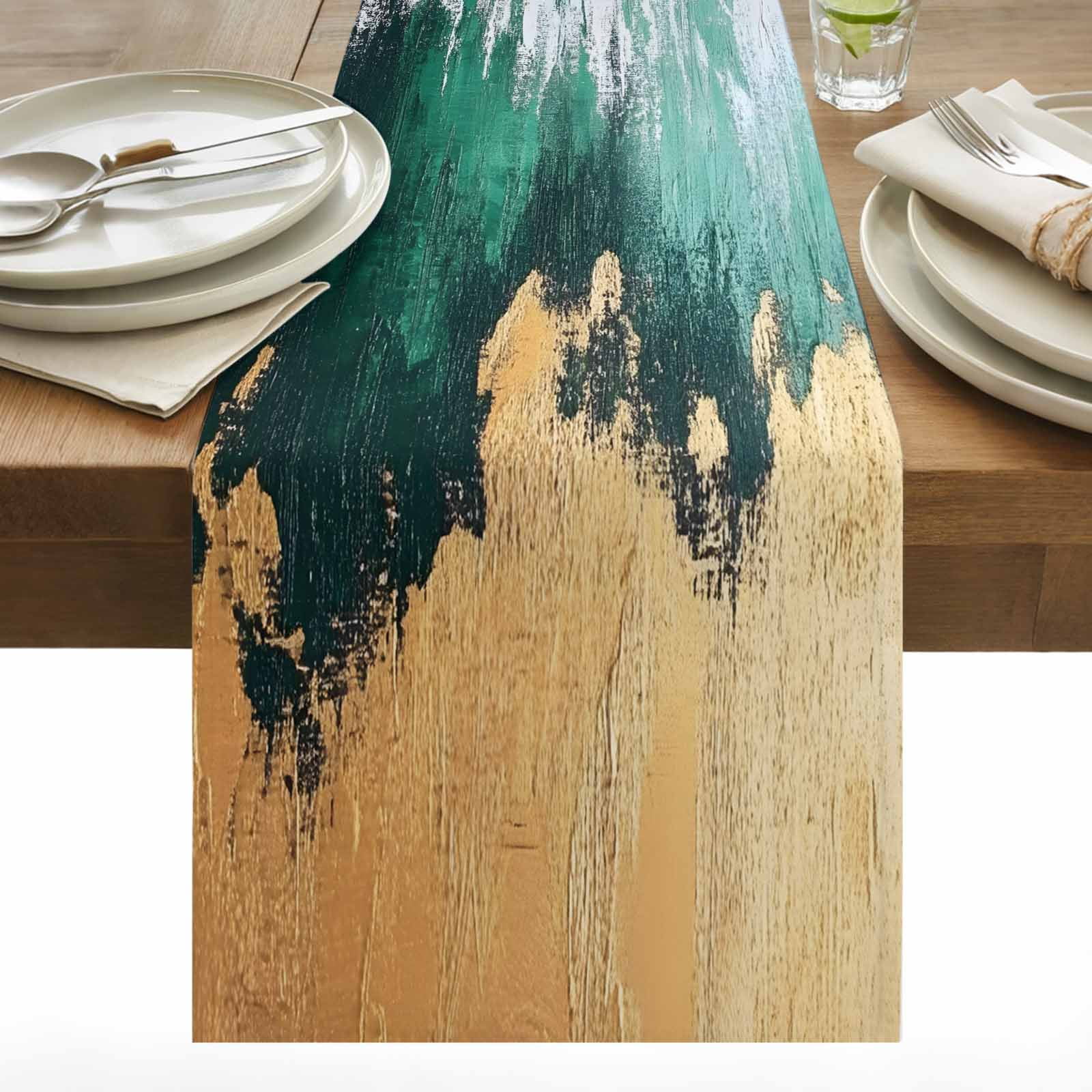 Abstract Art Table Runner 13x60 inch Gold Green Gary Color Block Oil ...