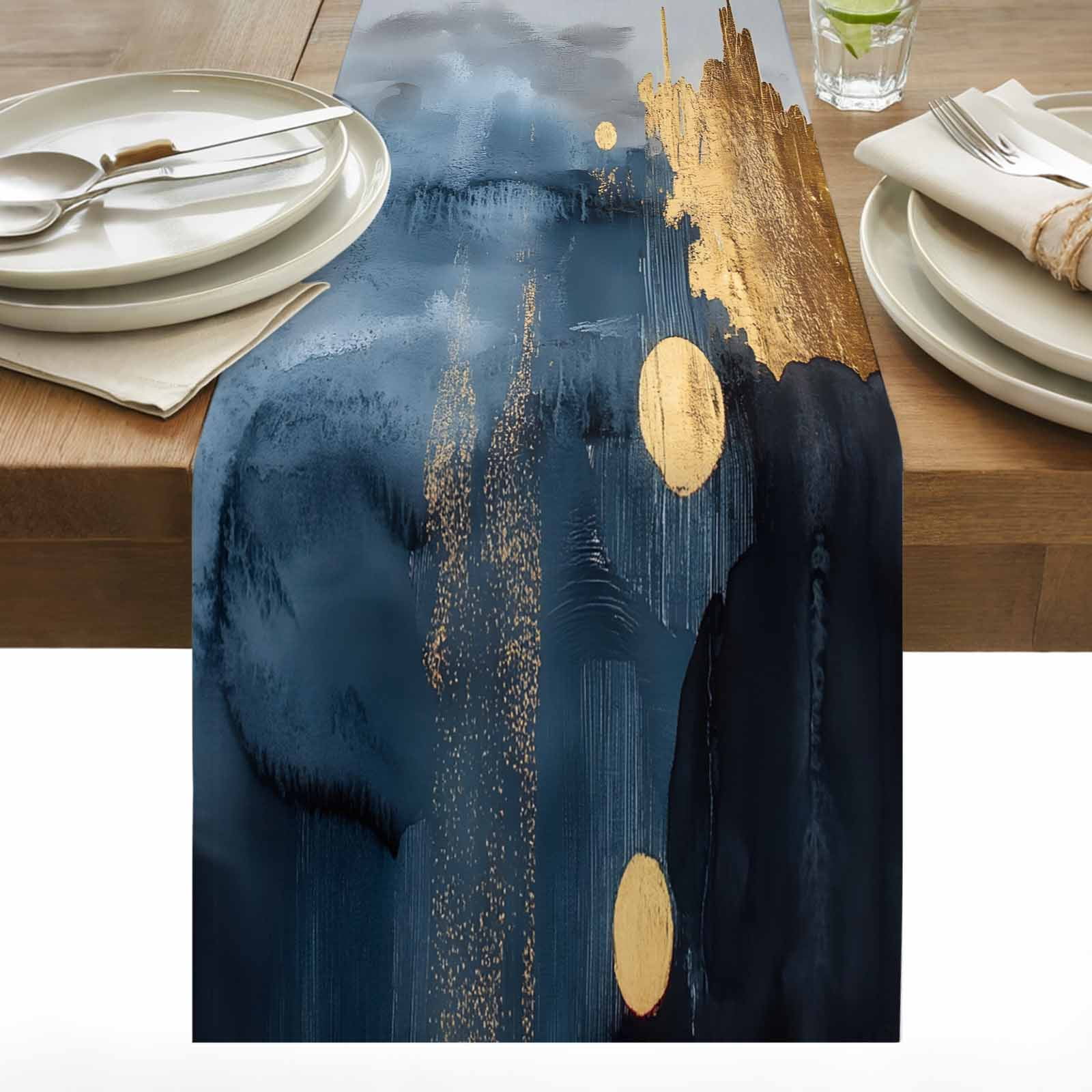 Abstract Art Table Runner 13x60 inch Modern Blue Gold Color Block ...