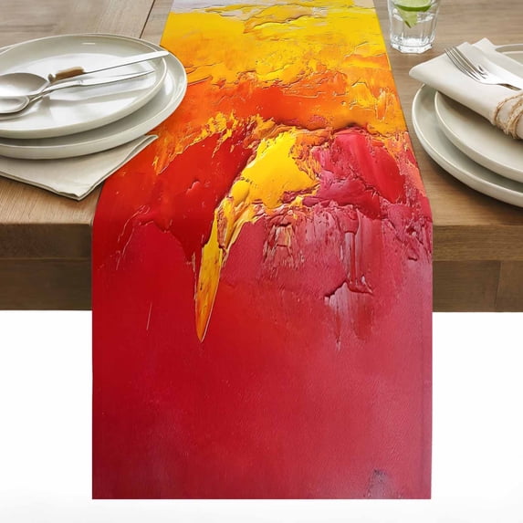 Abstract Art Table Runner 13x60 inch Red Black Color Block Cotton Linen ...
