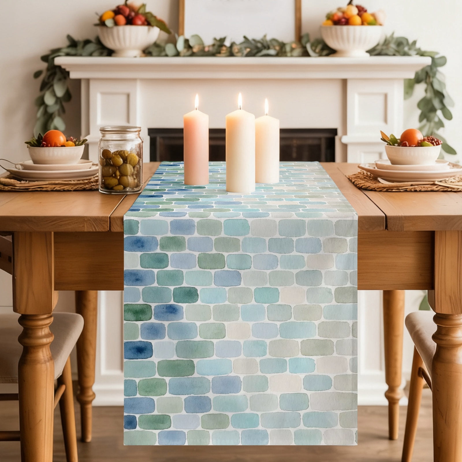 Abstract Art Table Runner 13x70 Inch Blue Green Watercolor Gradient ...