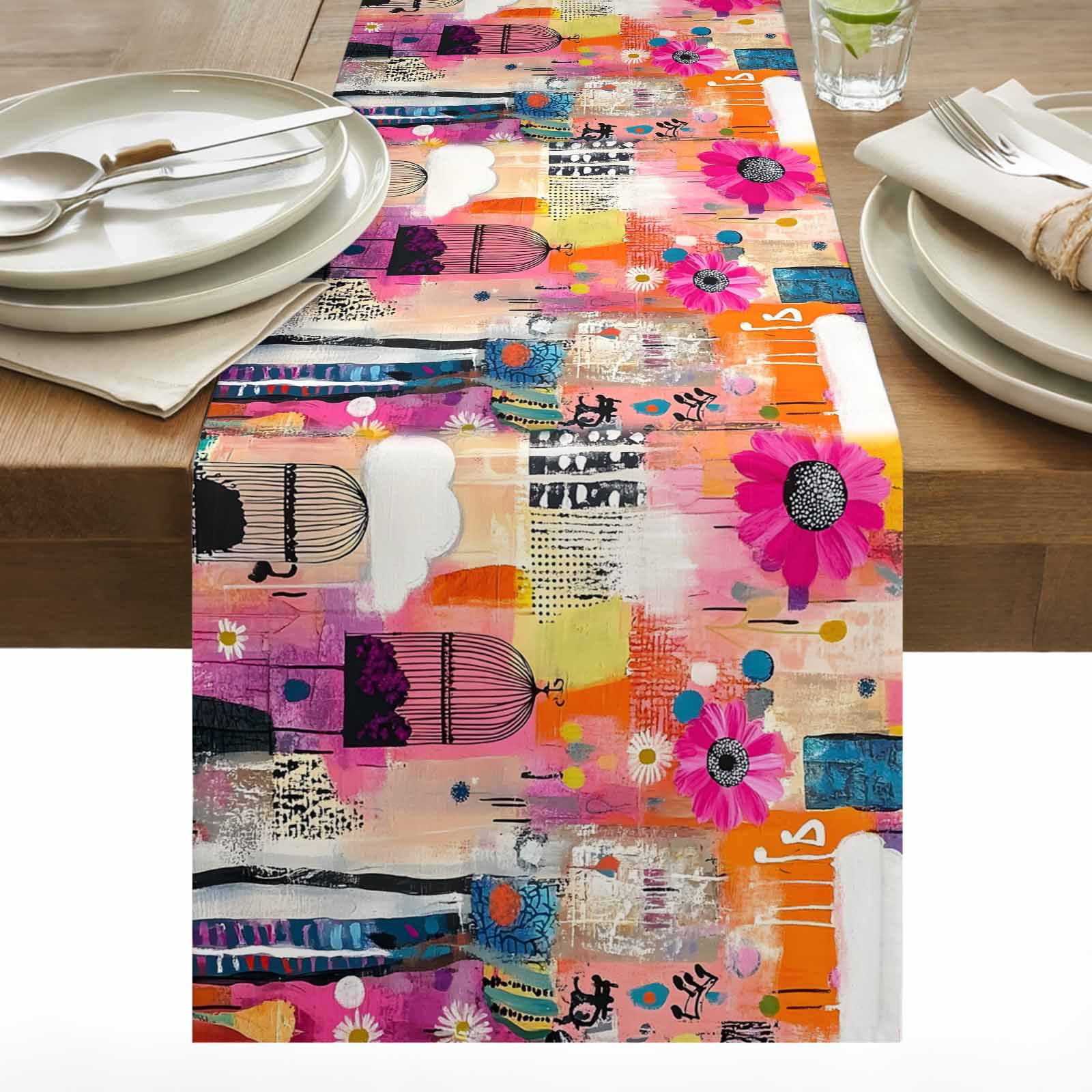 Abstract Art Table Runner 13x72 inch Impressionist Style Yellow Pink ...