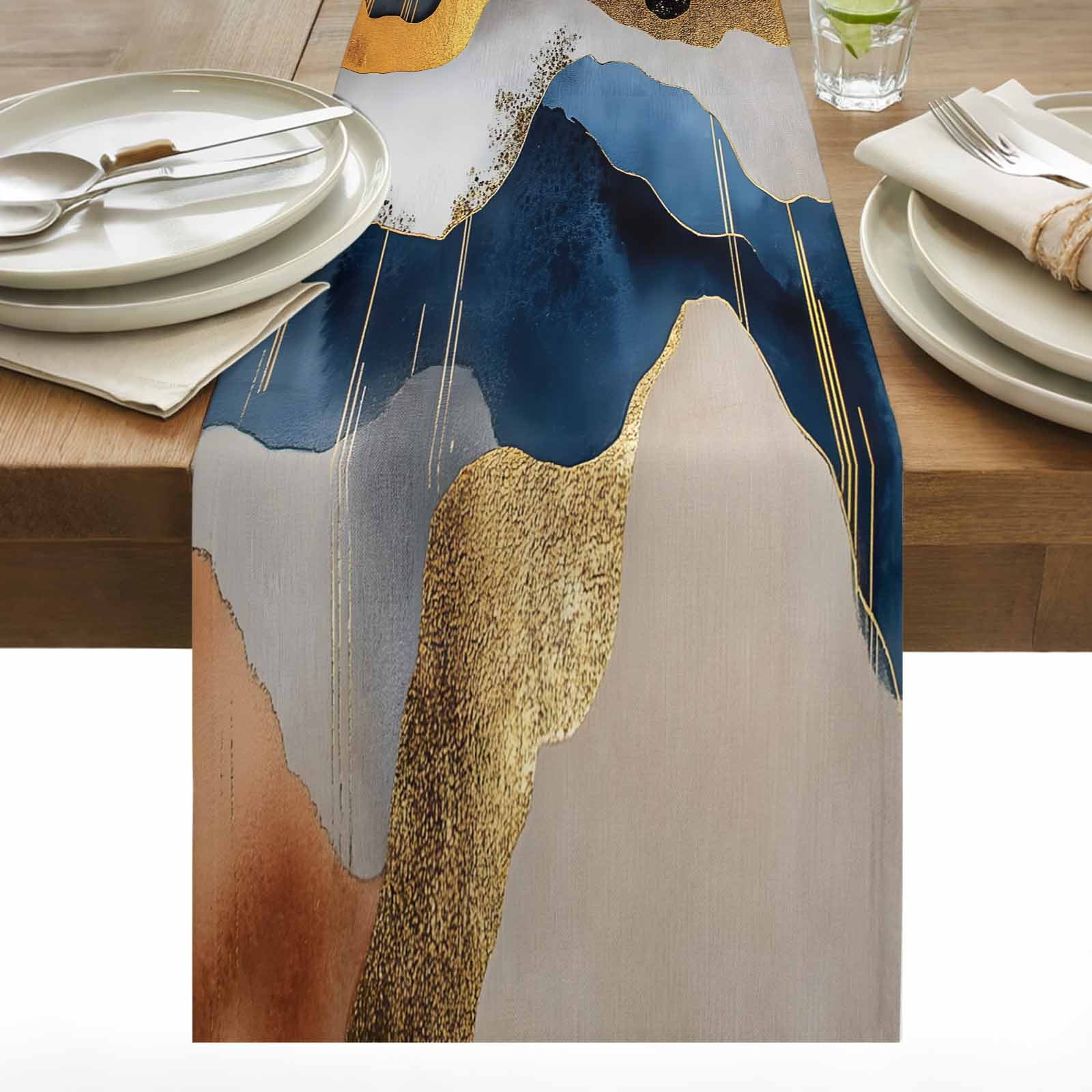 Abstract Art Table Runner 13x72 inch Modernism Blue Gold Color Block ...
