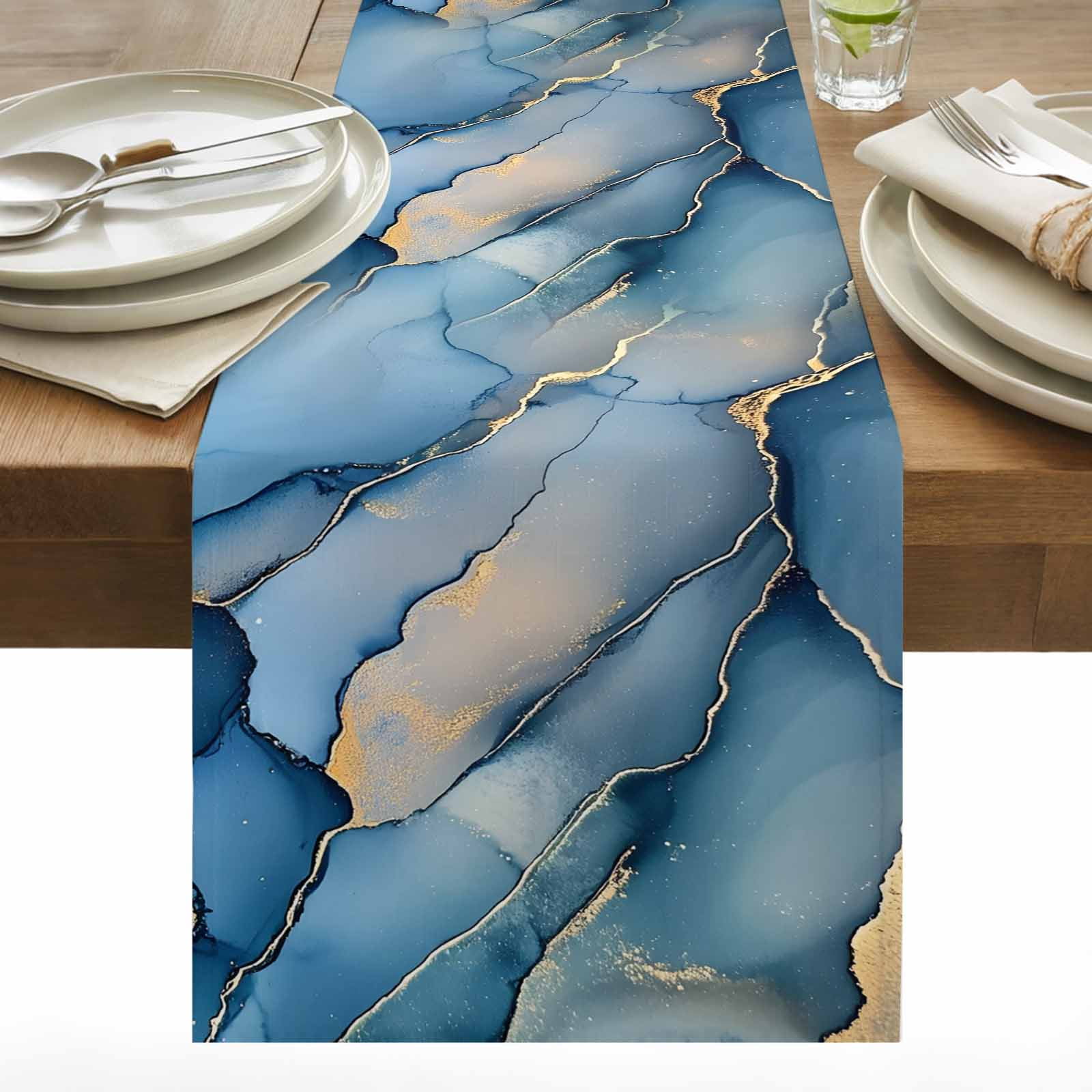 Abstract Art Table Runner 13x72 inch Navy Blue Marble Stone Gold Cracks ...
