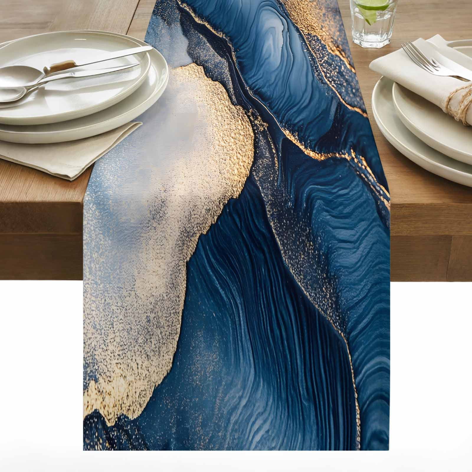 Abstract Art Table Runner 13x90 inch Blue Gold Modernism Color Block ...