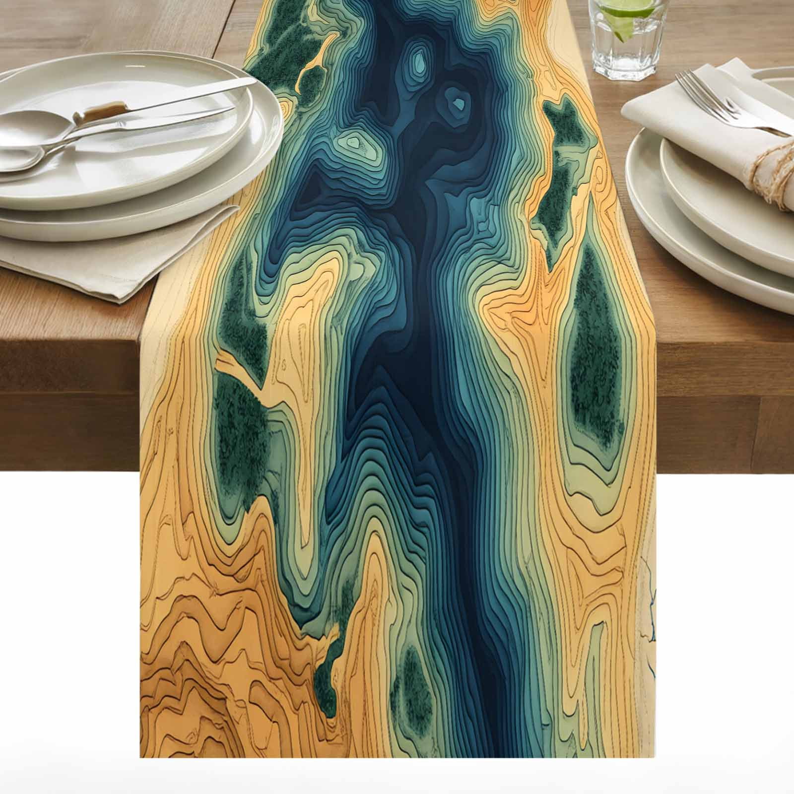 Abstract Art Table Runner 13x90 inch Navy Orange Texture Impressionist ...