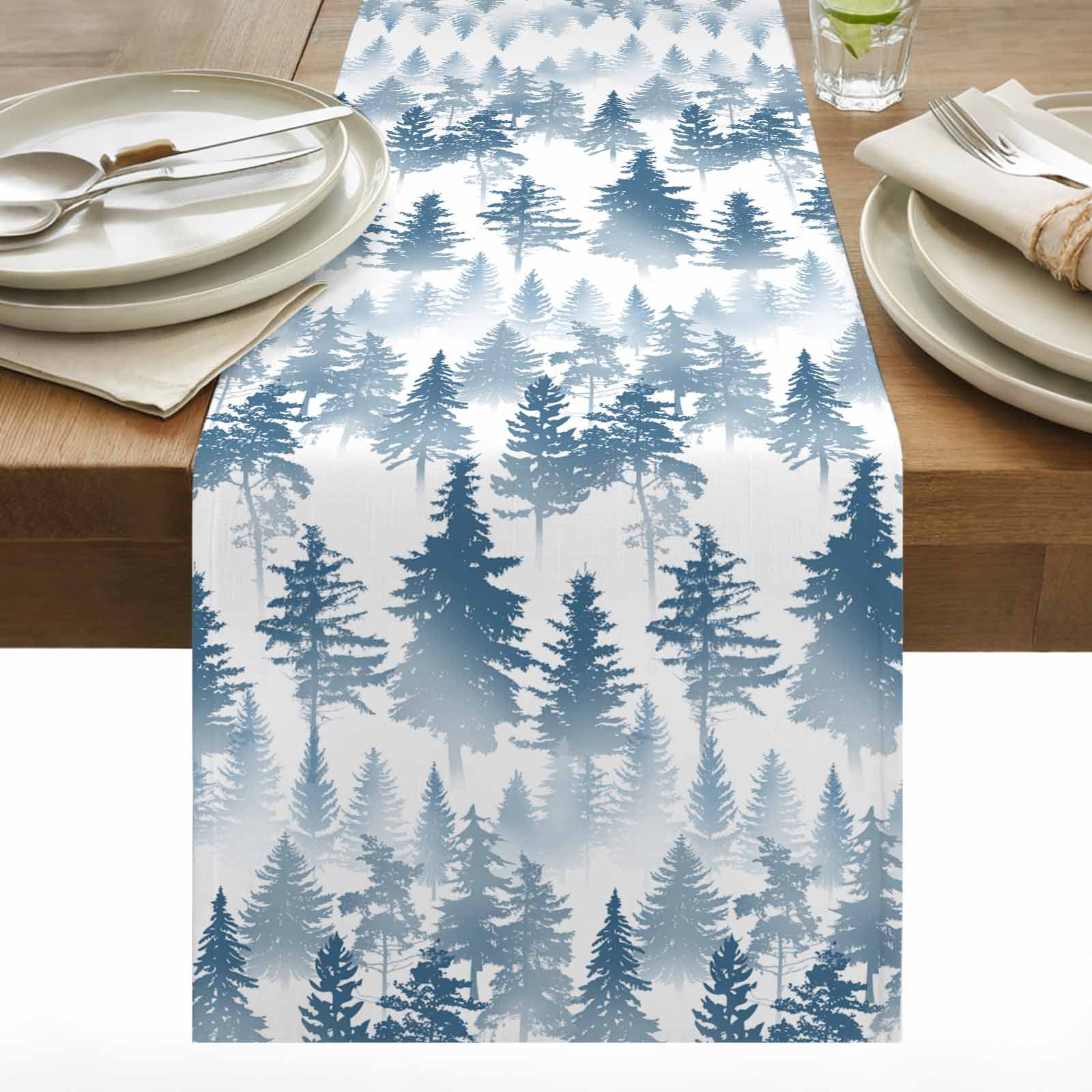 Abstract Art Table Runner 13x90 inch Silhouette Blue Forest Cotton ...