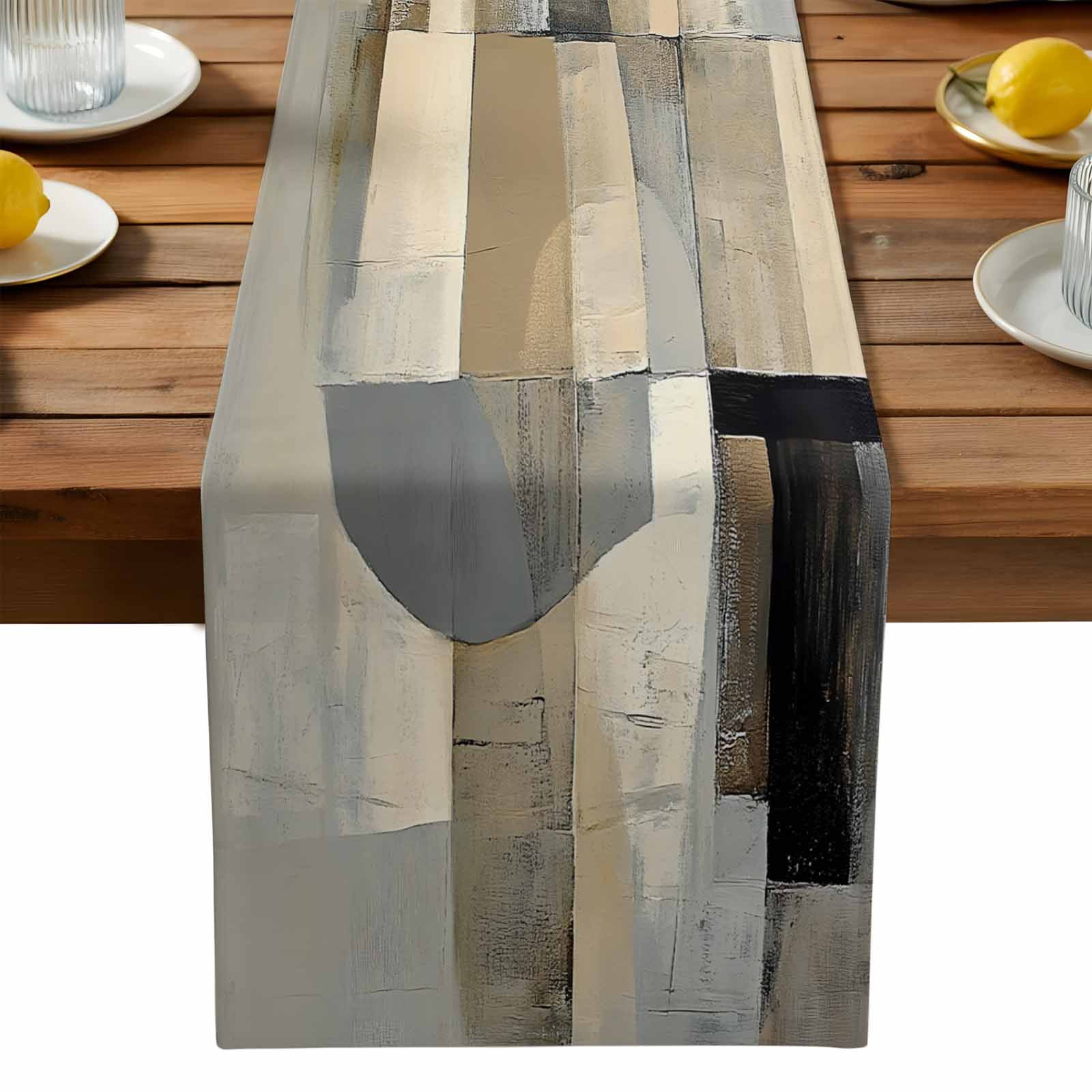 Abstract Art Table Runner, Beige Brown Blocks Watercolor Modern Art ...