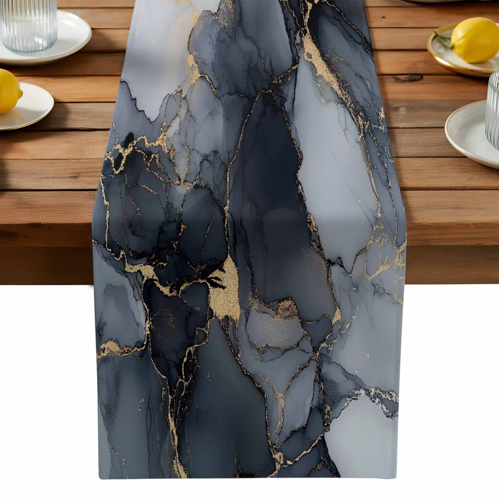Abstract Art Table Runner, Black Gold Gradient Marble Texture Kitchen ...