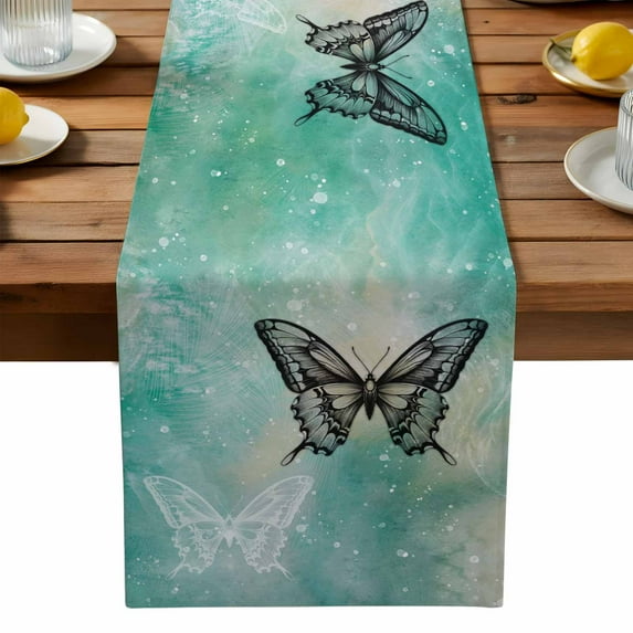 Abstract Art Table Runner, Black White Butterfly Wings Turquoise ...