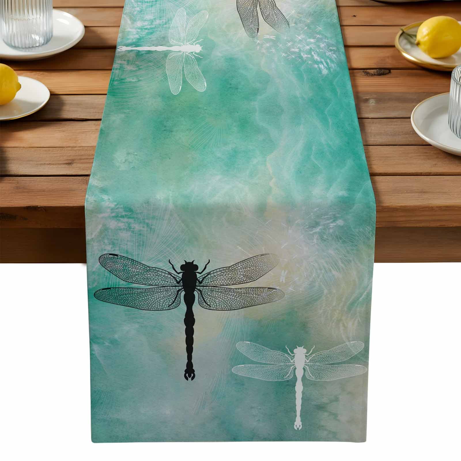 Abstract Art Table Runner, Black White Dragonfly Wings Turquoise ...