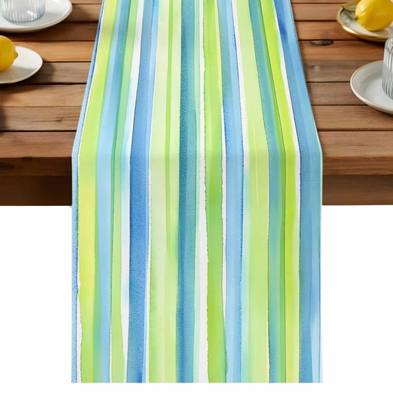 Abstract Art Table Runner, Blue Green Line Stripes Gradient Modern Art ...