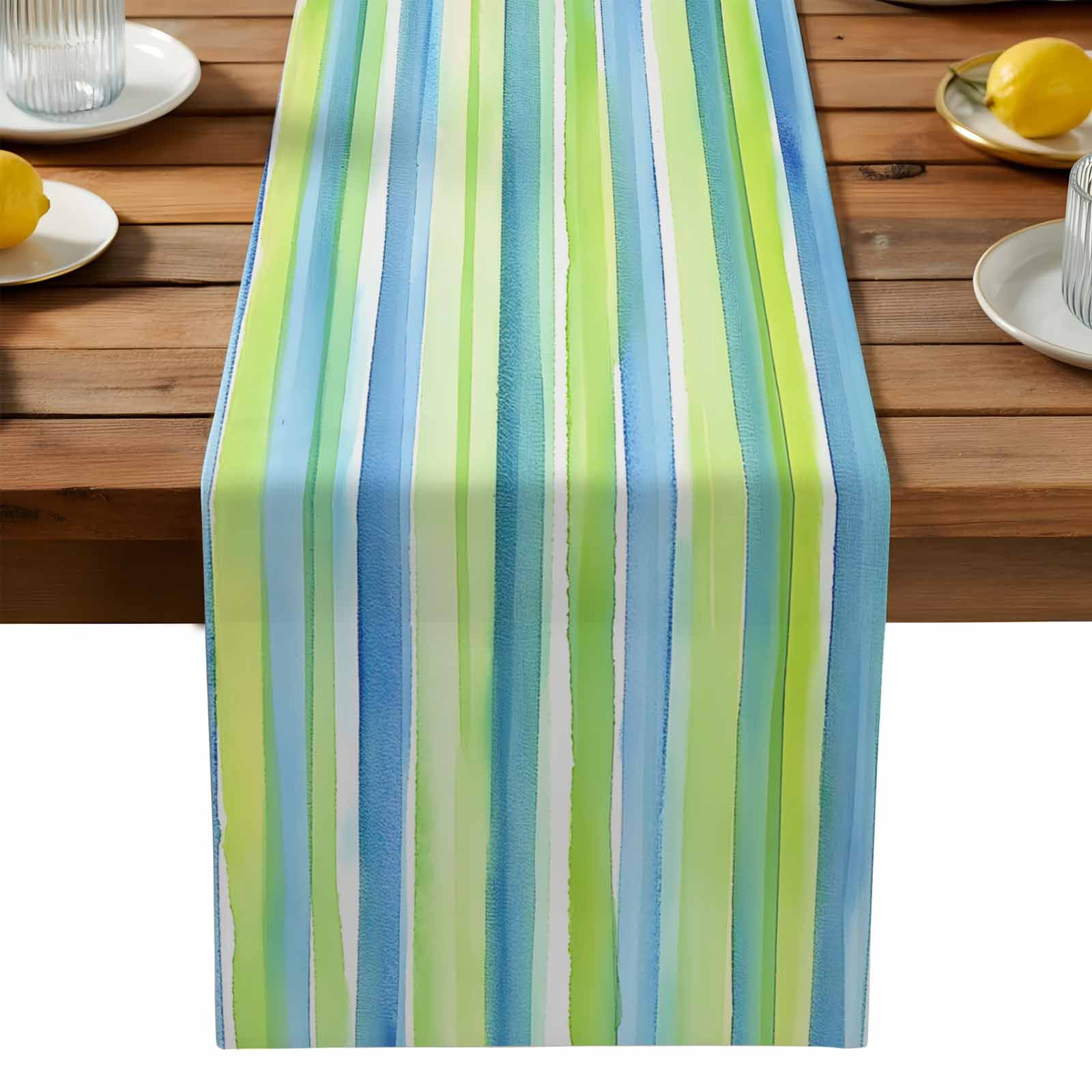 Abstract Art Table Runner, Blue Green Line Stripes Gradient Modern Art ...