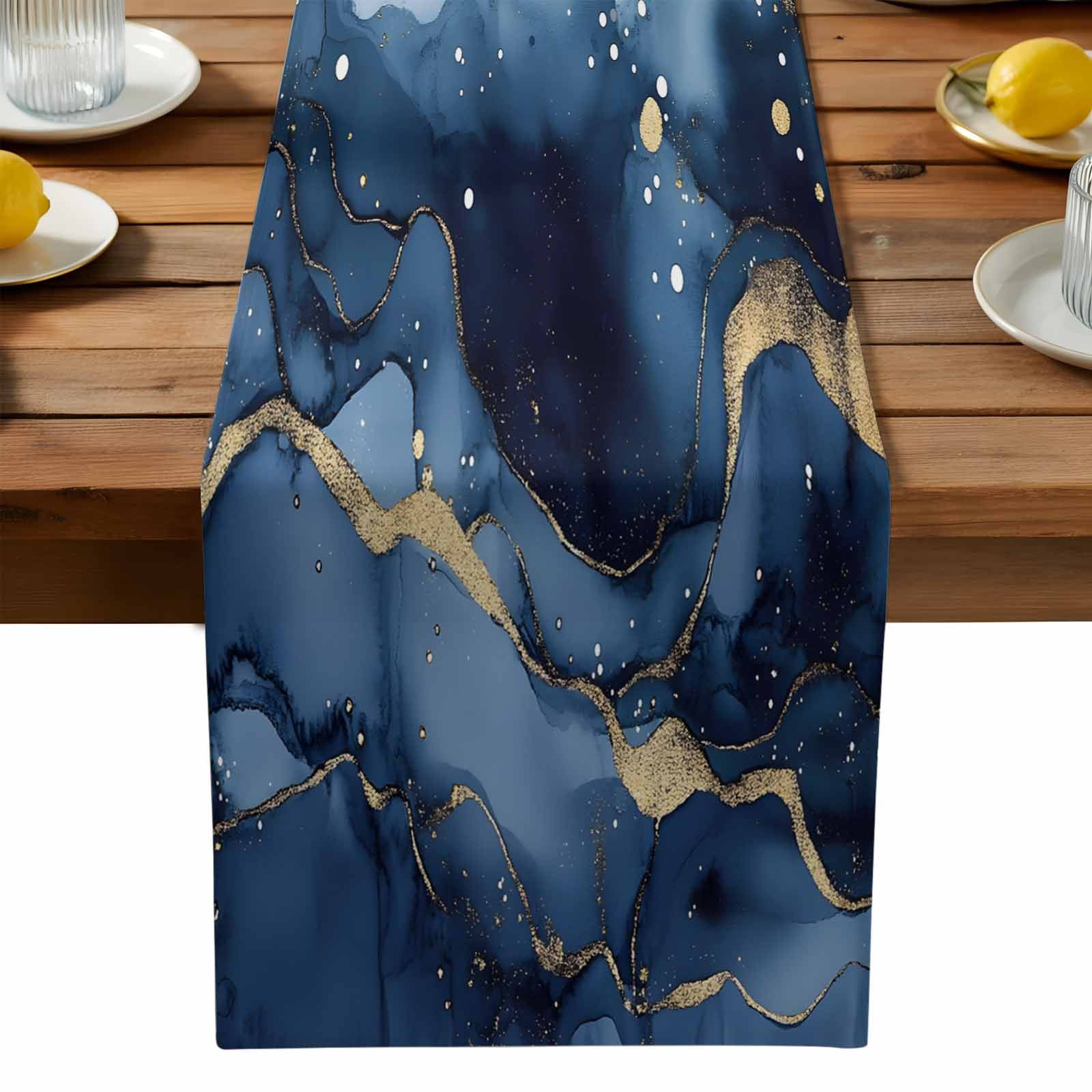Abstract Art Table Runner, Blue Grey Gradient Marble Texture Kitchen ...
