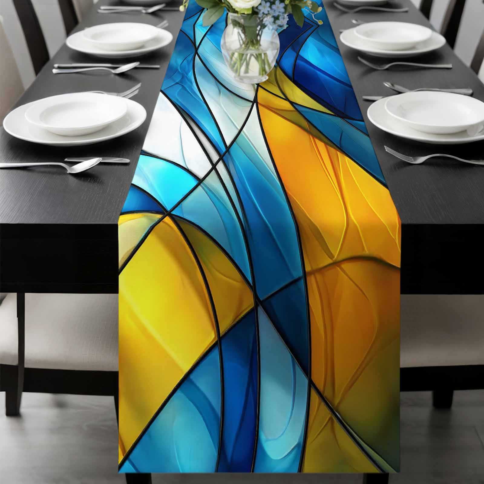 Abstract Art Table Runner, Blue Yellow Gradient Wavy Lines Geometric ...
