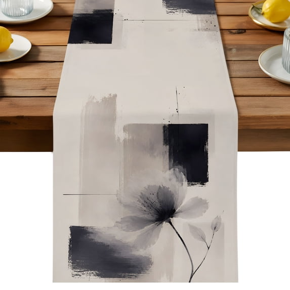 Abstract Art Table Runner, Mottled Blooming Black Flower Beige ...